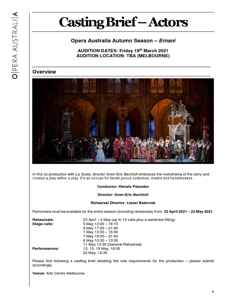 Casting Brief - Actors: Opera Australia Autumn Season - Ernani | PDF ...
