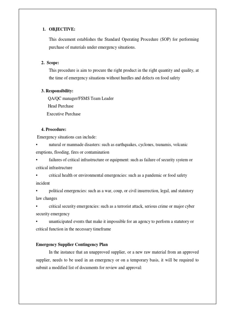 Emergency Procurement SOP for Food Safety | PDF | Specification ...