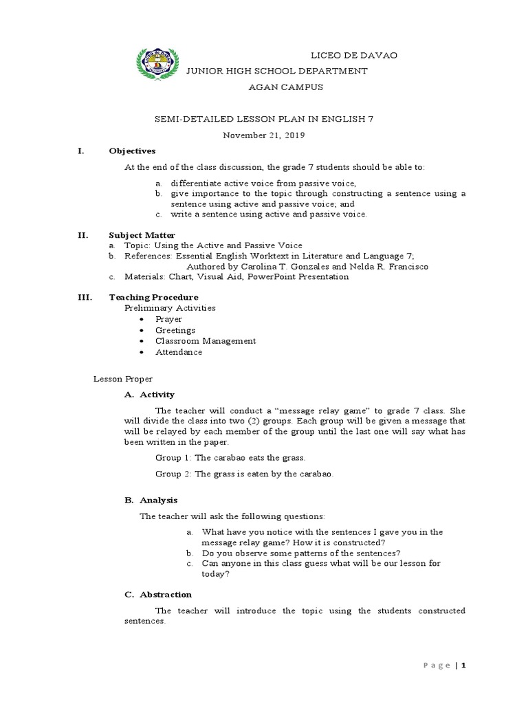 Lesson Plan in English 7 | PDF | Verb | Syntax