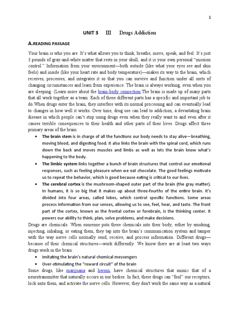 UNIT 3 III Drugs Addiction A.: Reading Passage | Download Free PDF ...