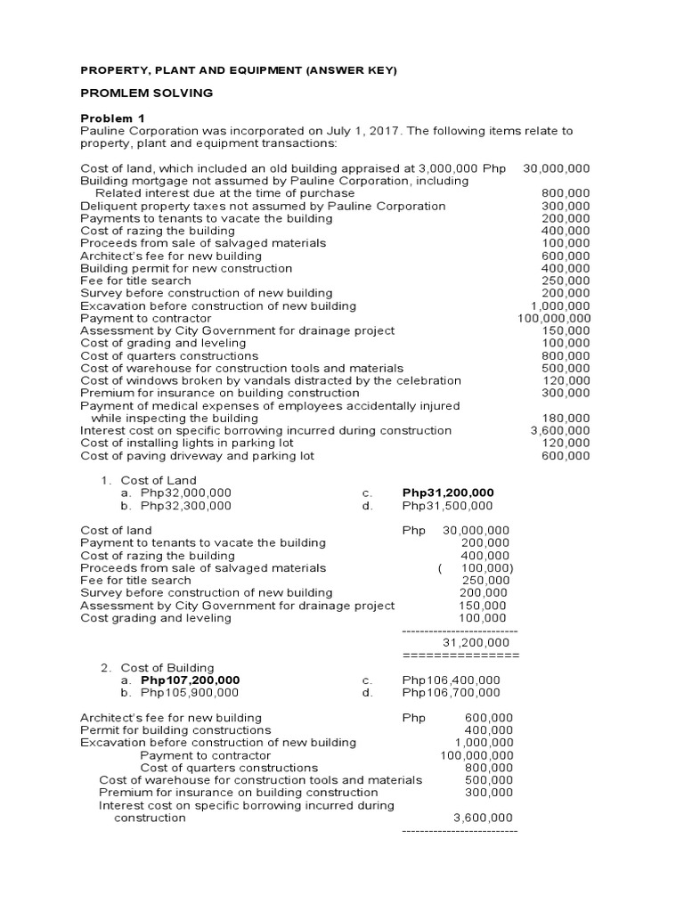Promlem Solving Problem 1: Property, Plant and Equipment (Answer Key ...