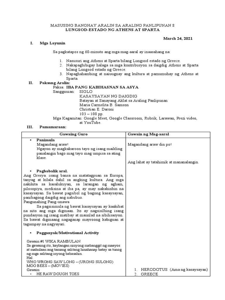 Lesson Plan - Athens at Sparta | PDF