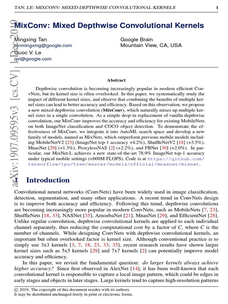 MixConv - Mixed Depthwise Convolutional Kernels | PDF | Cybernetics | Computational Neuroscience
