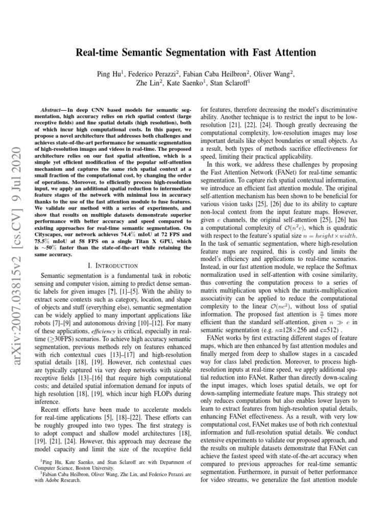 Real-Time Semantic Segmentation With Fast Attention | PDF | Image Segmentation | Image Resolution