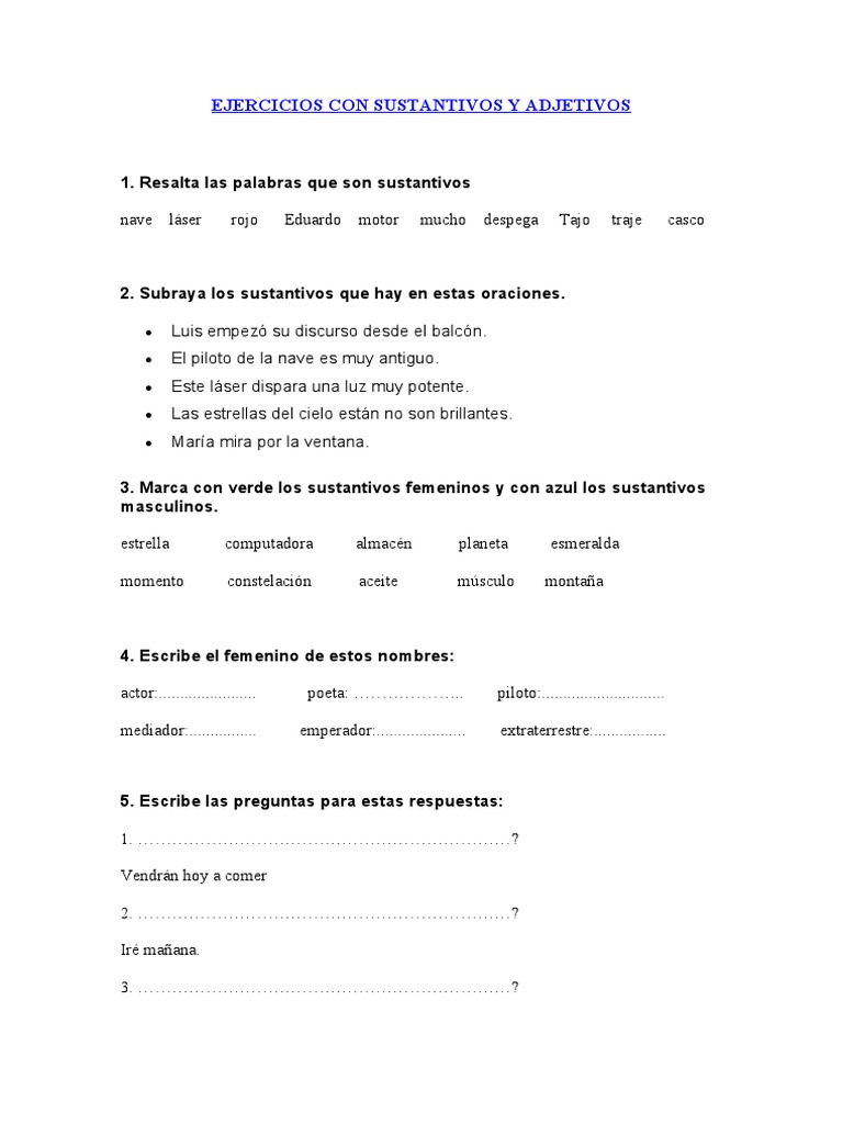 Ejercicios Con Sustantivos y Adjetivos | PDF