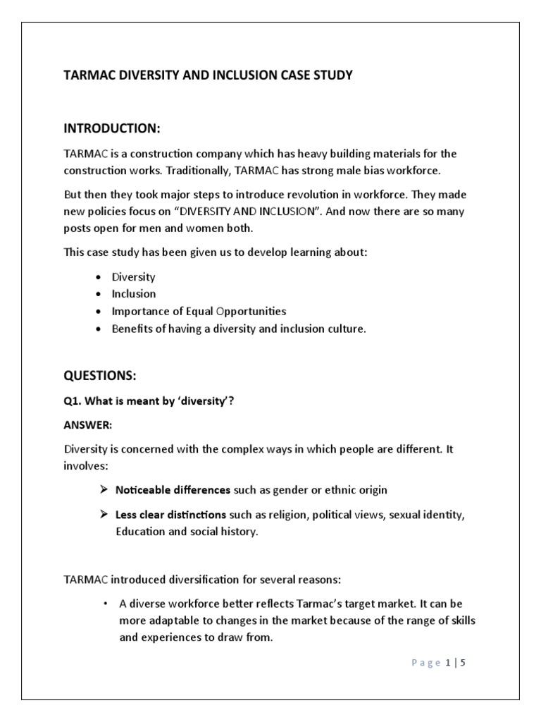 Tarmac Diversity and Inclusion Case Study: Q1. What Is Meant by ...