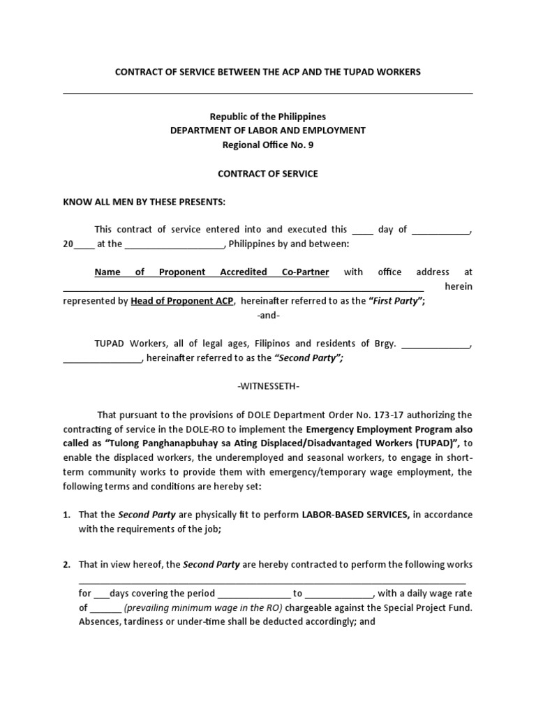 Contract of Service Between The Acp and The Tupad Workers | PDF | Labor ...