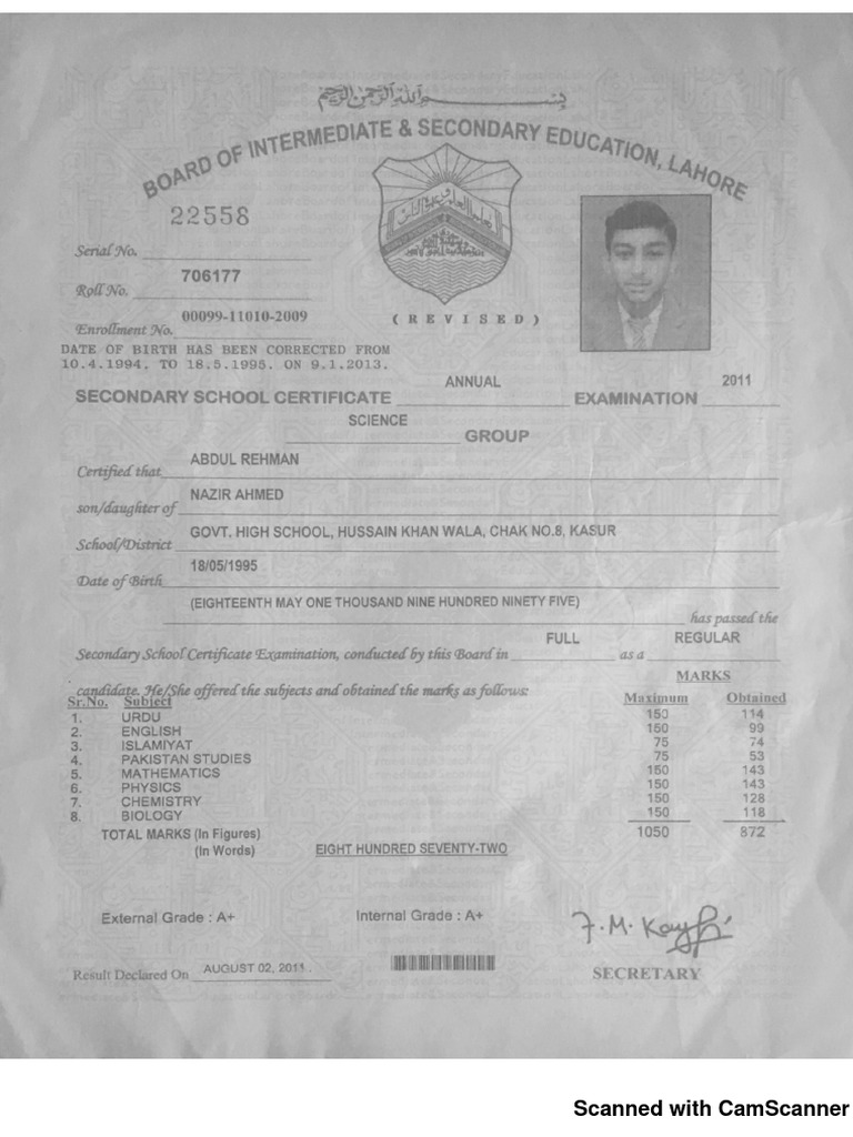 Matric Result Card | PDF