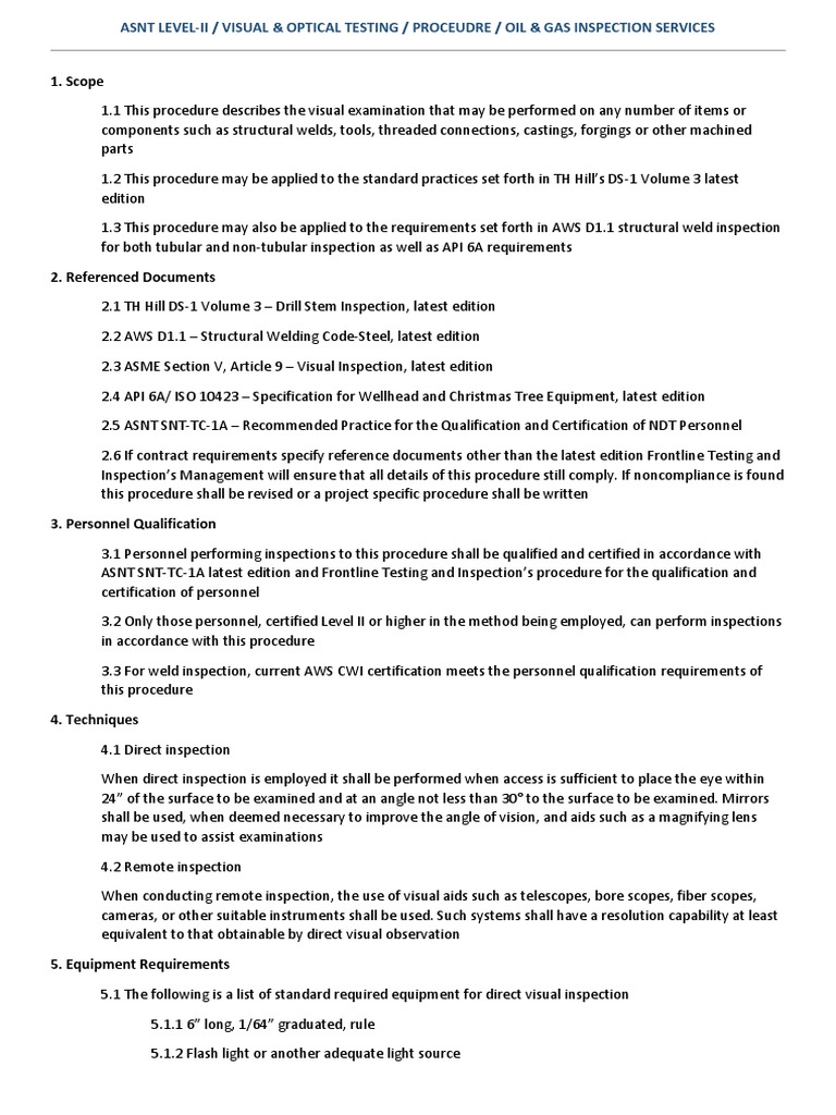 Visual Inspection Procedure for Oil and Gas Components Using ASNT Level ...