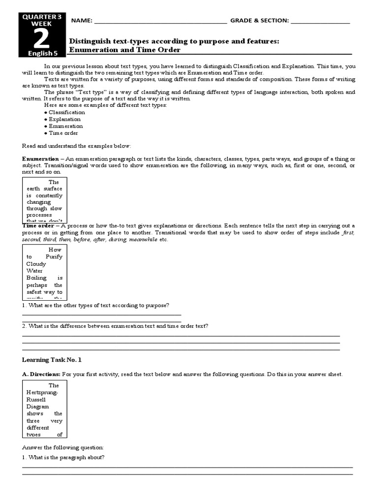 Distinguish Text Types According To Purpose And Features Enumeration And Time Order Pdf