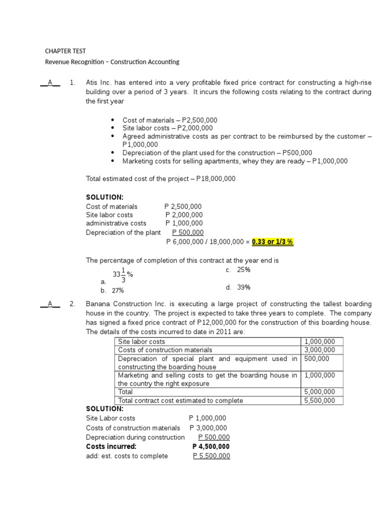 Accounting For Lonterm Constructions Contracts With Solutions Pdf