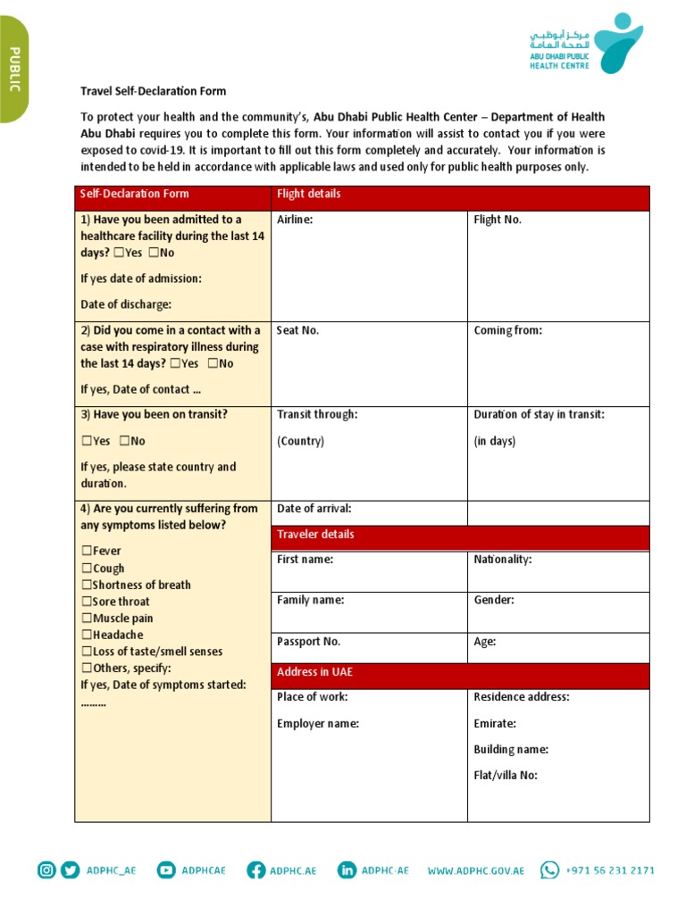 Abu Dhabi Travel Health Form | PDF | Diseases And Disorders | Clinical ...