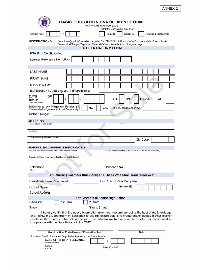 Basic Education Enrollment Form | PDF