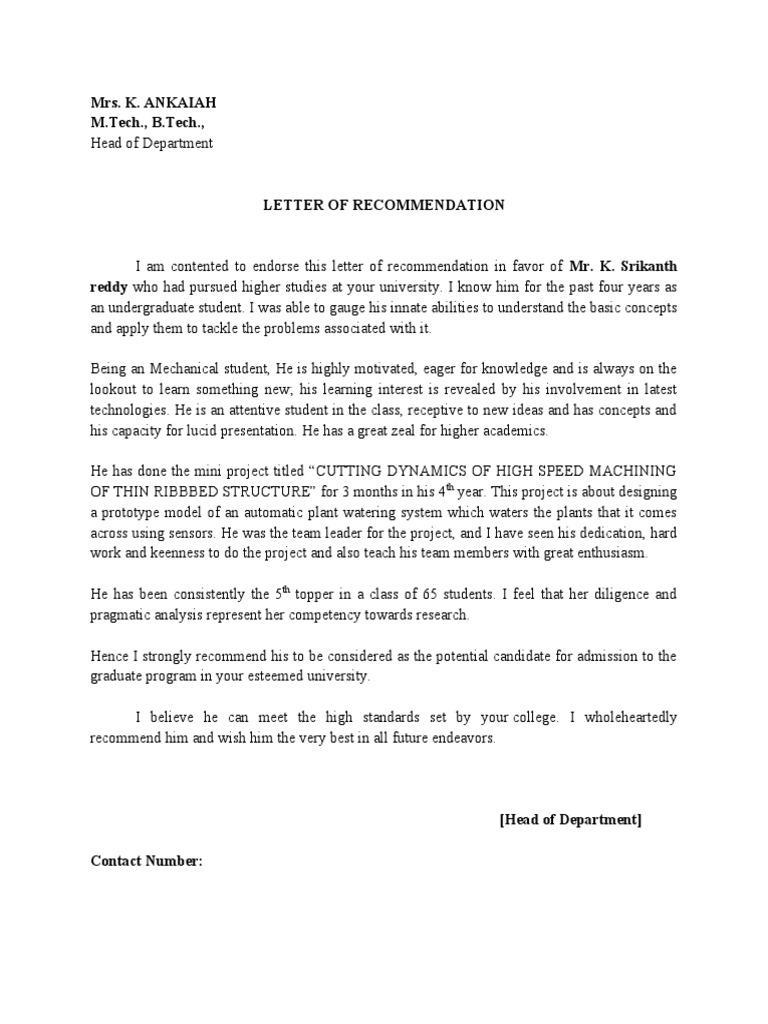 Letter Of Recommendation By HOD