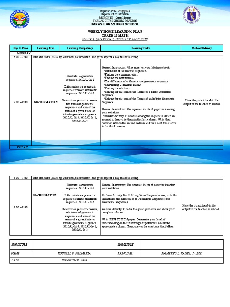 Weekly-Home-Learning-Plan-Math 10 W3 | PDF | Sequence | Geometry