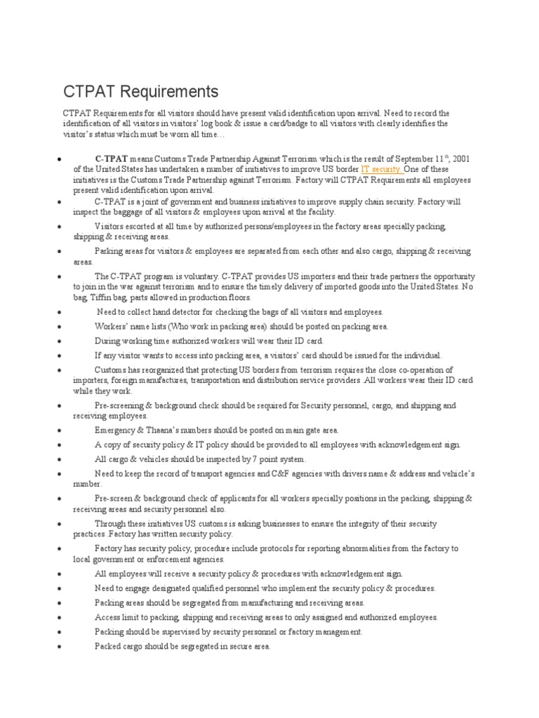 CTPAT Requirements: C-TPAT Means Customs Trade Partnership Against ...