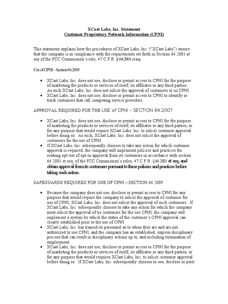 CPNI Certification | PDF | Federal Communications Commission ...