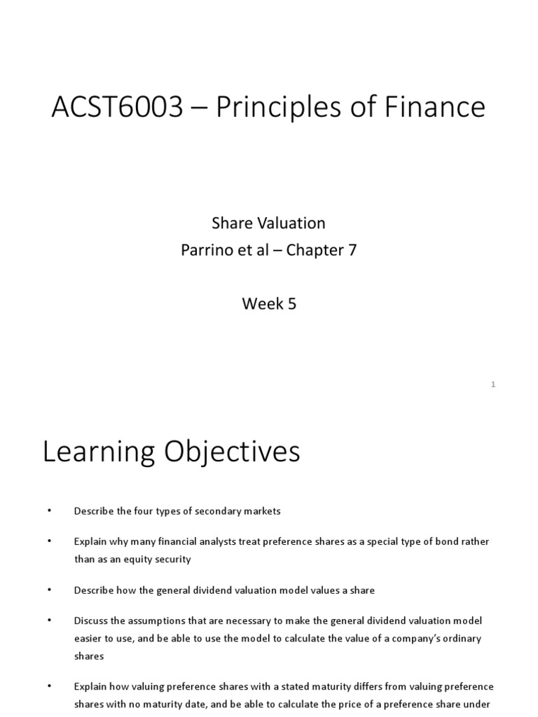 ACST6003 - Principles of Finance: Share Valuation Parrino Et Al ...