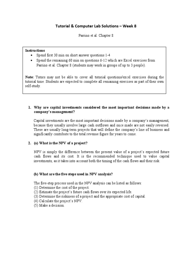 Tutorial & Computer Lab Solutions - Week 8 | PDF | Capital Budgeting ...