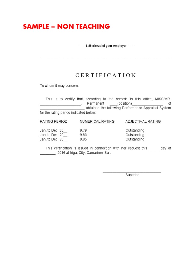 Non-Teaching Performance Certification | PDF | Business