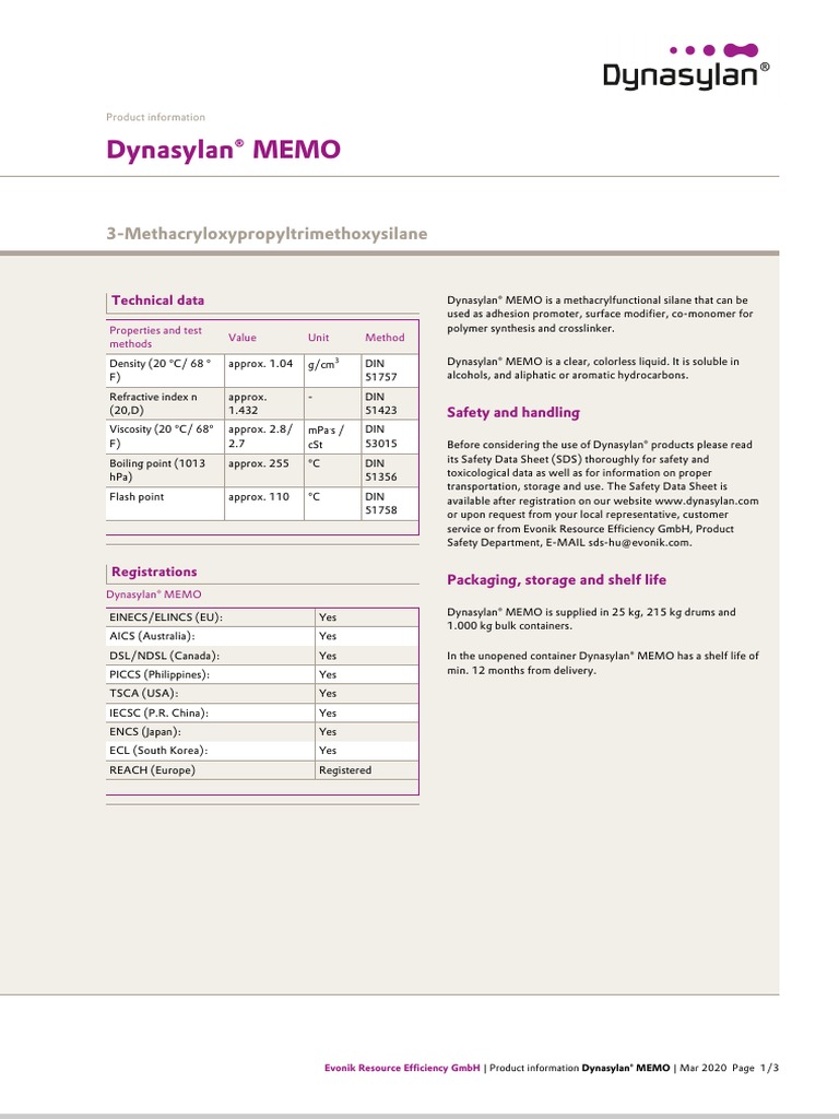 Dynasylan® MEMO: 3-Methacryloxypropyltrimethoxysilane | PDF | Polyester ...