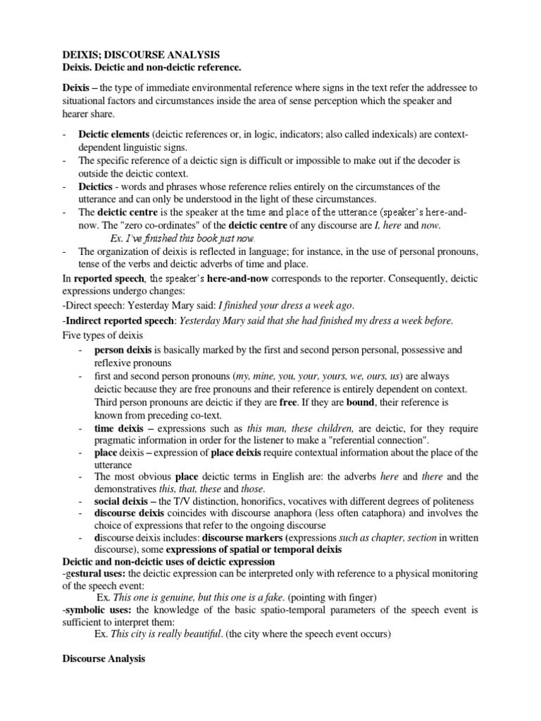 Lecture 8 Deixis Discourse Analysis Lecture Notes | PDF | Pronoun ...