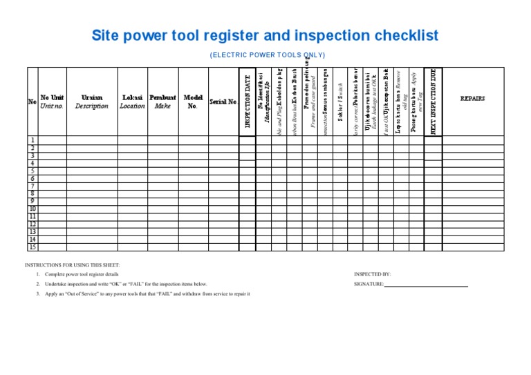 Site Power Tool Register and Inspection Checklist | PDF