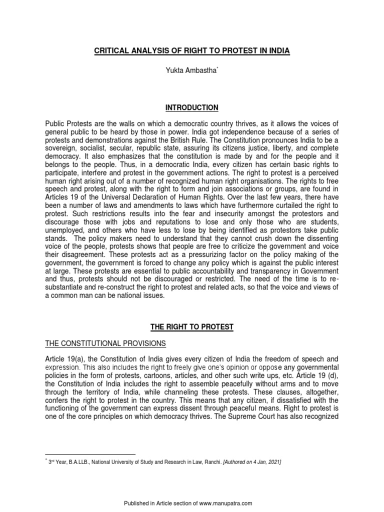 Critical Analysis of Right To Protest in India | PDF
