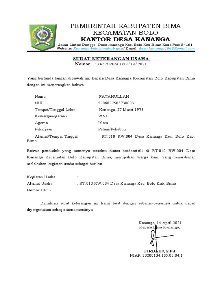 Surat Keterangan Usaha Desa Kananga | PDF