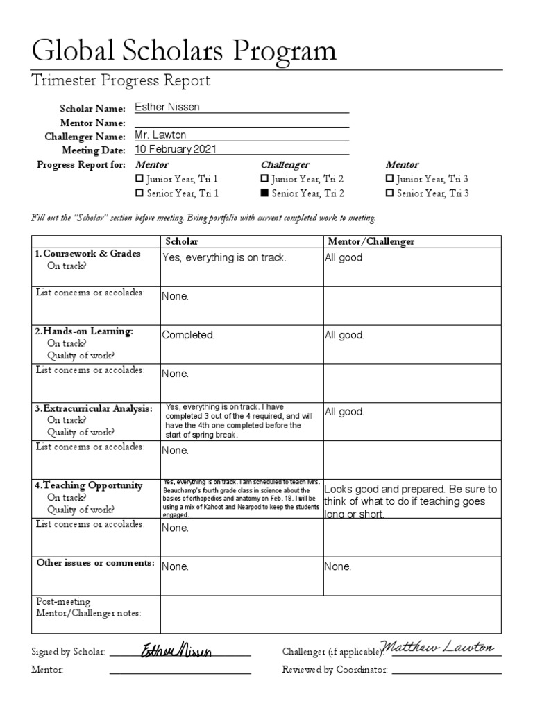Senior 2nd Trimester Progress Report | PDF | Mentorship