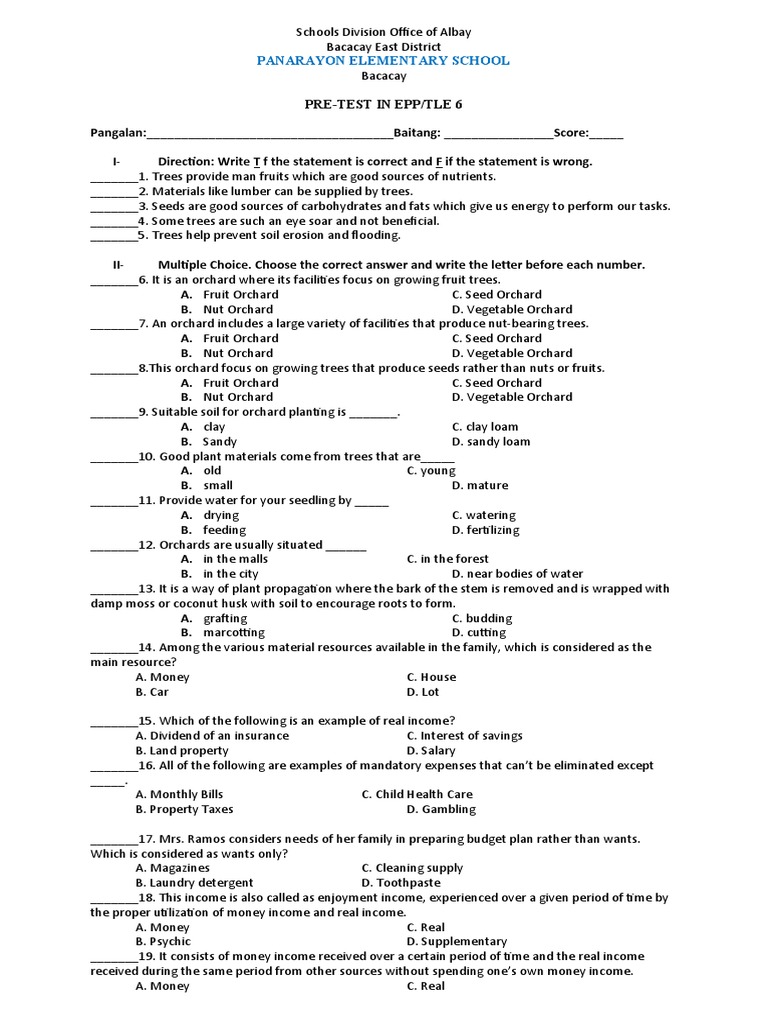 Epp Tle 6 Diagnostic Test Pdf Engraving Trees