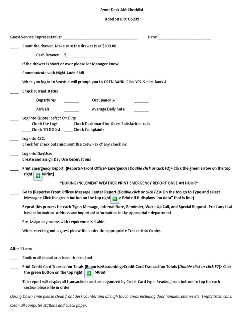 Front Desk AM Checklist | PDF | Cheque | Business