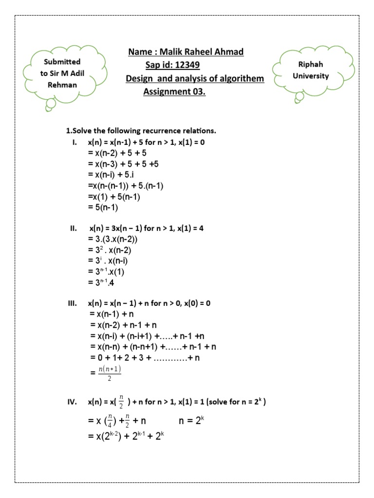 Malik Raheel Ahmad 12349 Daa Assignment 3 Pdf Recurrence Relation Algorithms