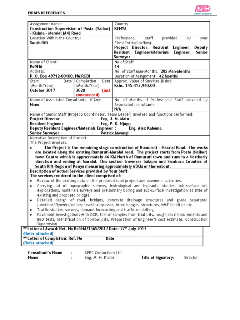 APEC Consortium Ltd Project References | PDF | Road | Rail Transport