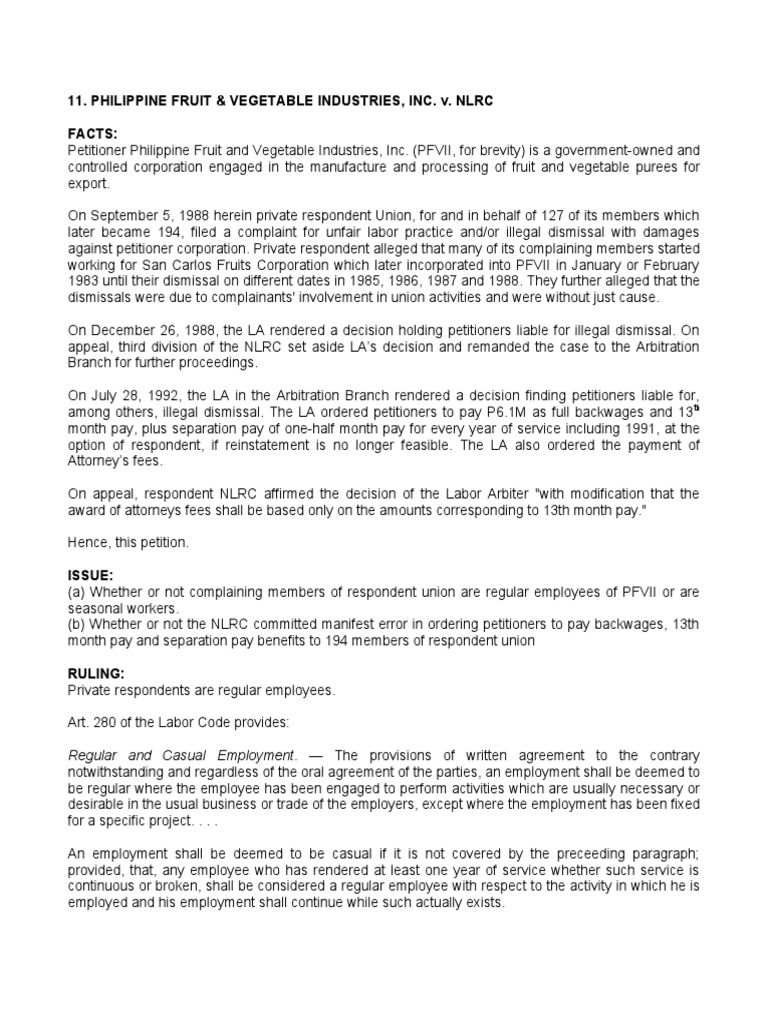 Perpetual Fruit and Vegetable Industries Inc V NLRC Et Al | PDF | Unfair Labor Practice | Complaint