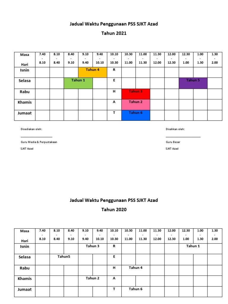 Jadual Waktu Penggunaan PSS 2021 | PDF