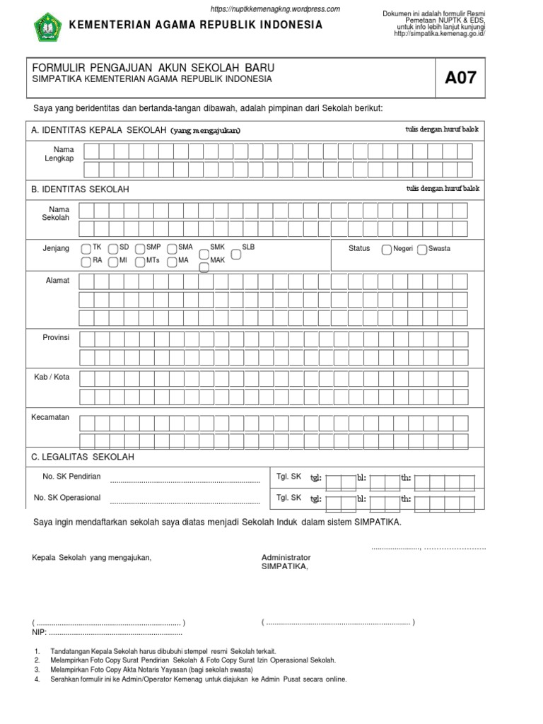 Formulir Ajuan Akun Sekolah Baru A07 Simpatika | PDF