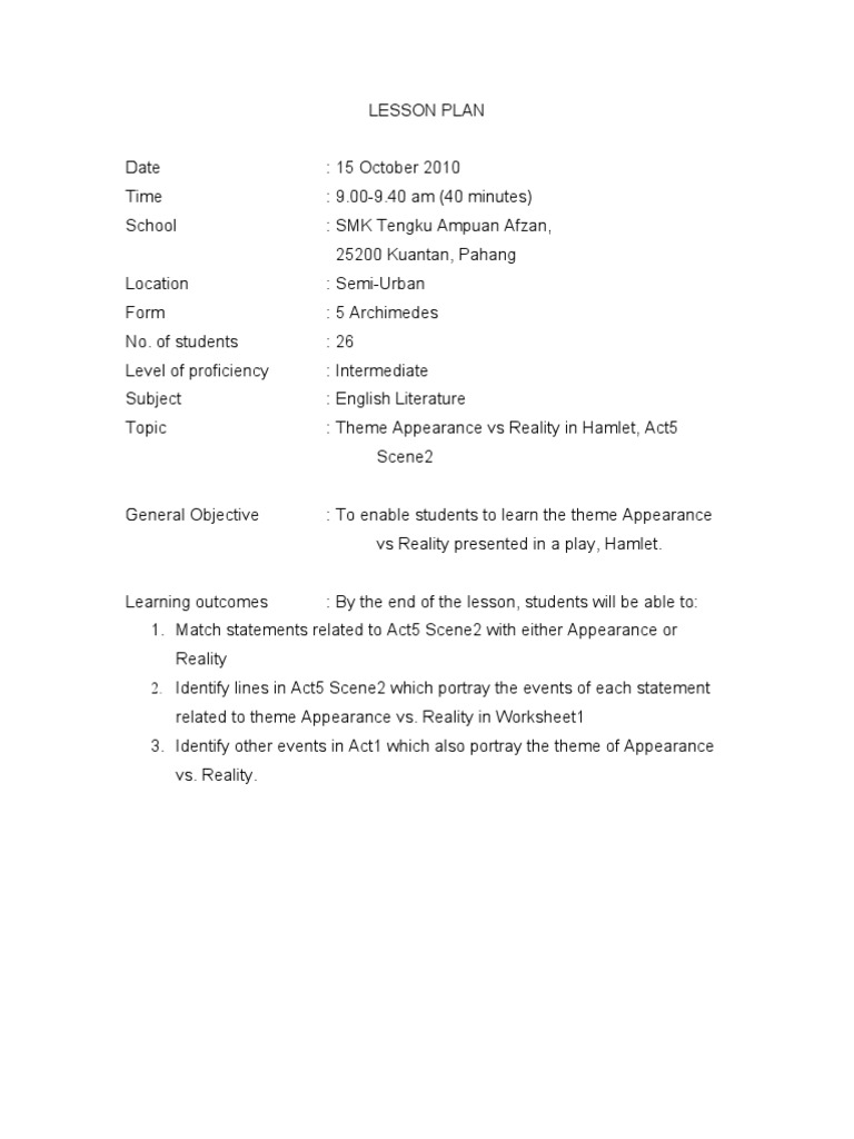 Hamlet Lesson Plan | Download Free PDF | Hamlet | Shakespearean Tragedies