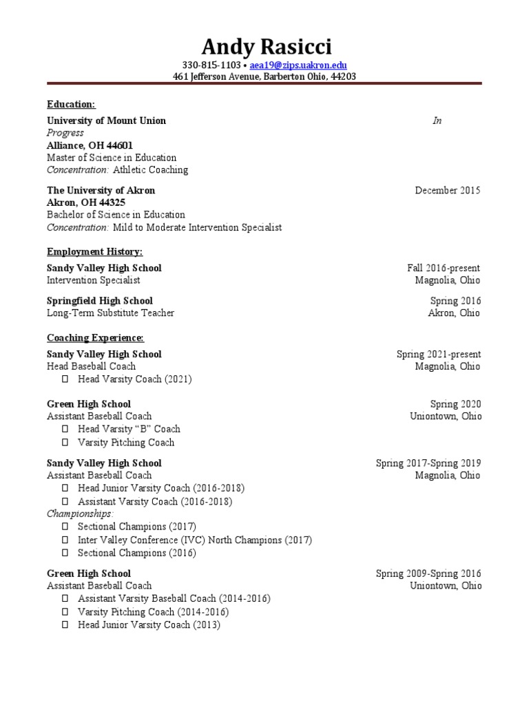 Rasicci Baseball Resume 2020 | PDF | Ball Games | Team Sports