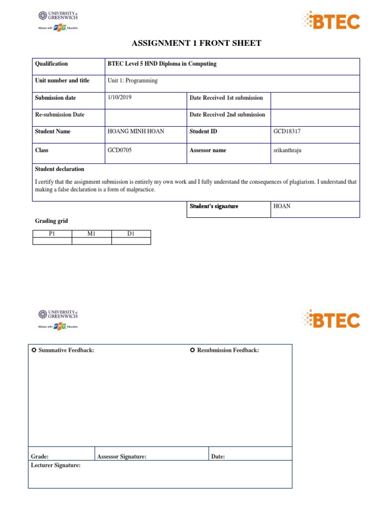 Assignment 1 Front Sheet: Qualification BTEC Level 5 HND Diploma in Computing | PDF | Computer ...