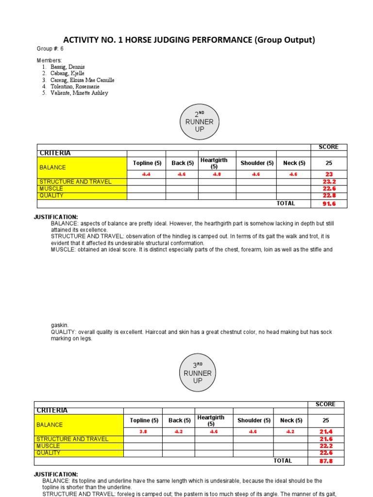 Activity No. 1 Horse Judging Performance (Group Output) : Criteria ...