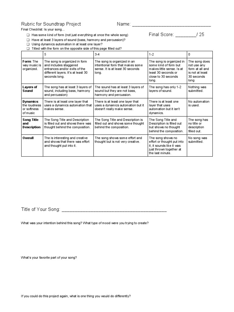 Rubric For Soundtrap Project 2 FA2020 | PDF | Sound | Musical Compositions