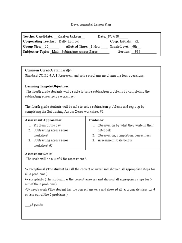 Subtraction Lesson Plan | PDF | Worksheet | Lesson Plan