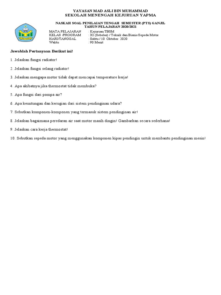 Soal PTS TBSM Kelas XI | PDF