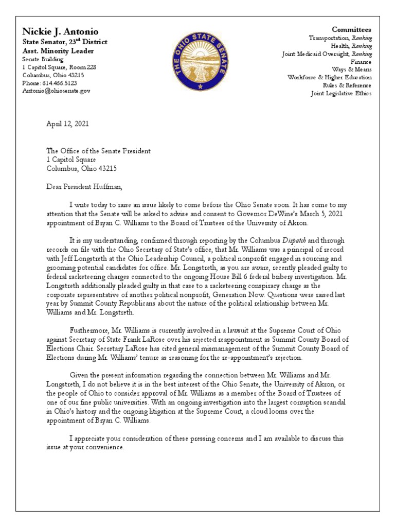 Sen. Antonio's Letter | PDF | Ohio | United States Senate