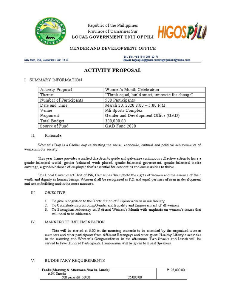 Activity Proposal: Local Government Unit of Pili Gender and Development ...