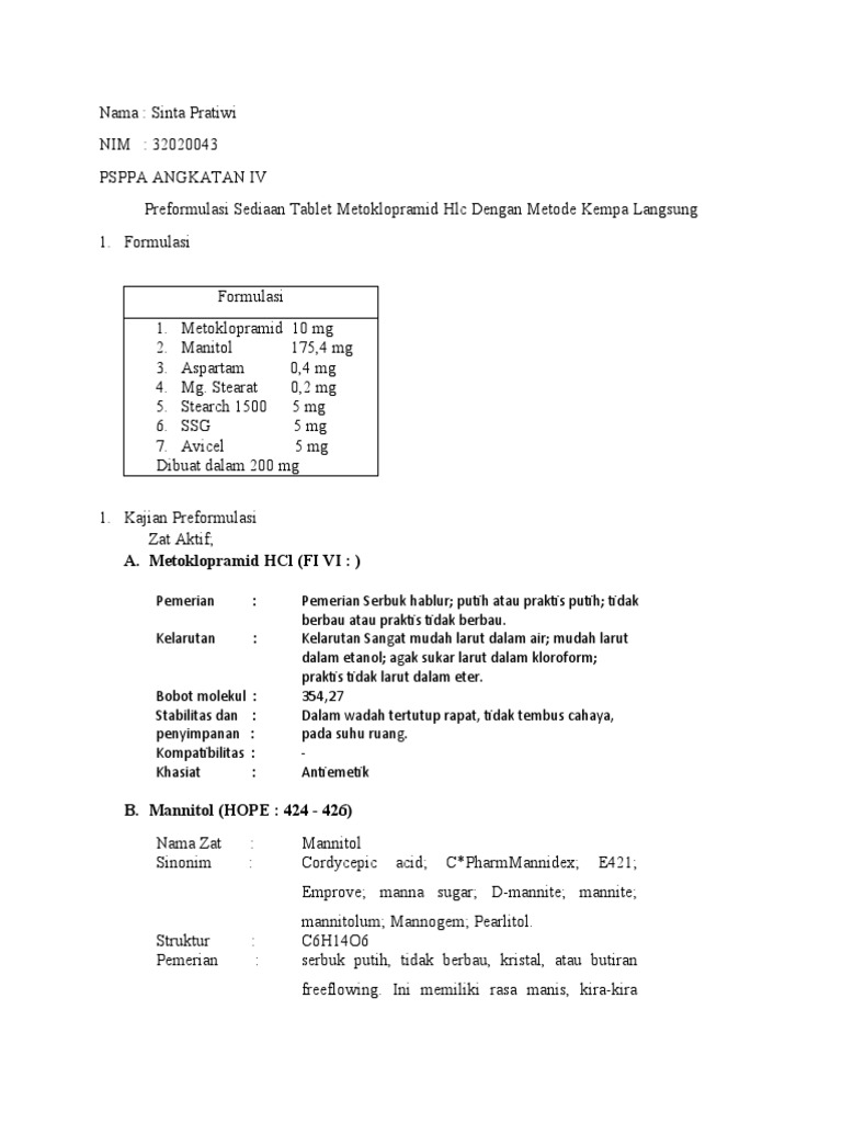 Sinta Pratiwi Formulasi Tablet Metode Kempa Langsung | PDF