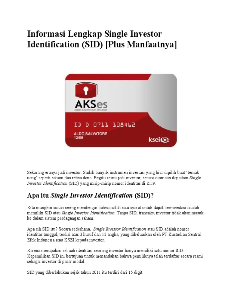 Informasi Lengkap Single Investor Identification (SID) (Plus Manfaatnya ...