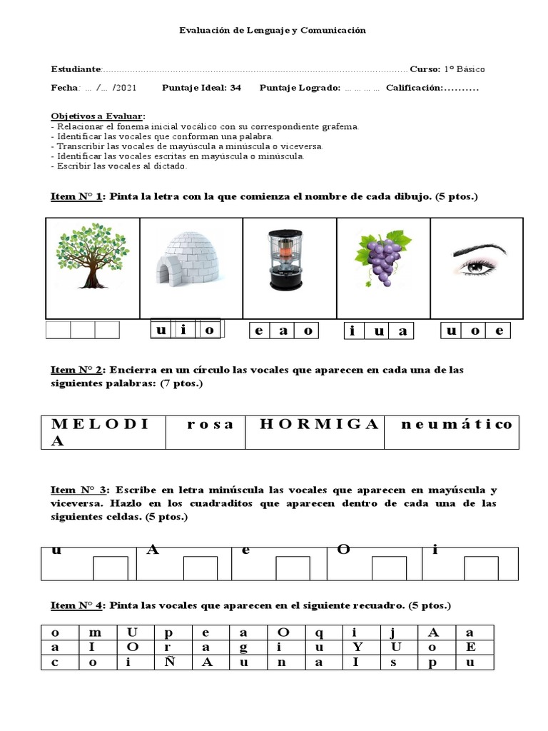 Evaluación de Vocales 1° Básico | PDF | Tipografía | Comunicación escrita