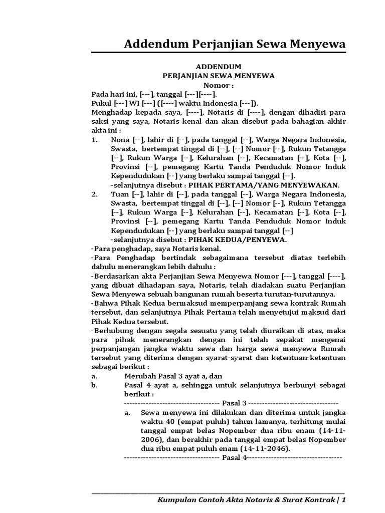 Contoh Addendum Sewa Menyewa Notaris | PDF